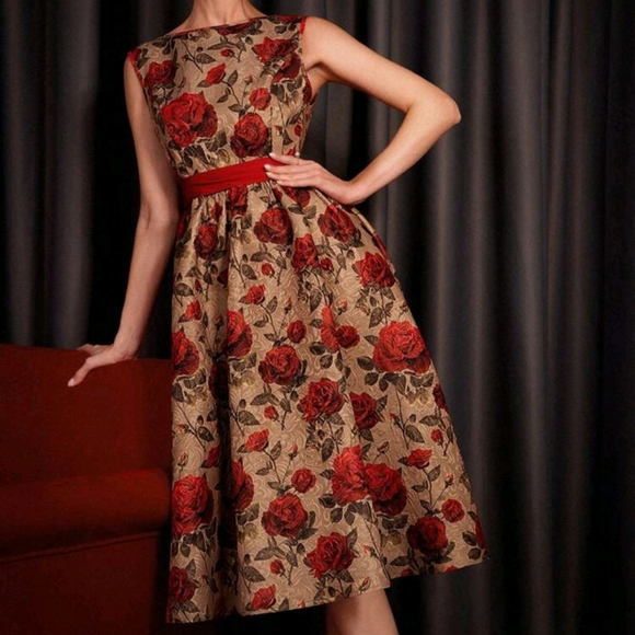 AA Collection | Dresses | Elegant Floral Print Belted Sleeves Less ...